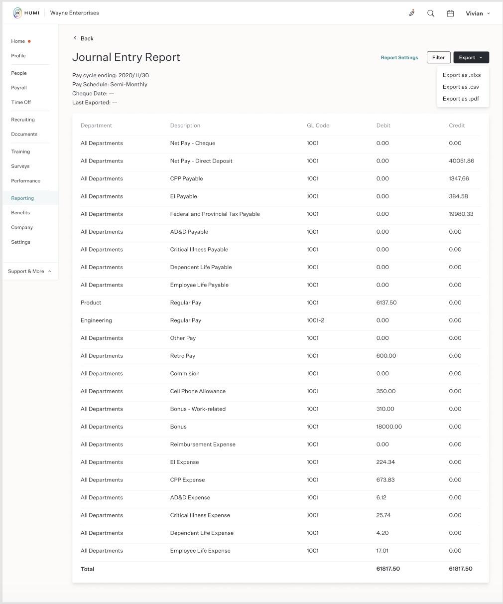 Journal Entry Report 💸 - Humi