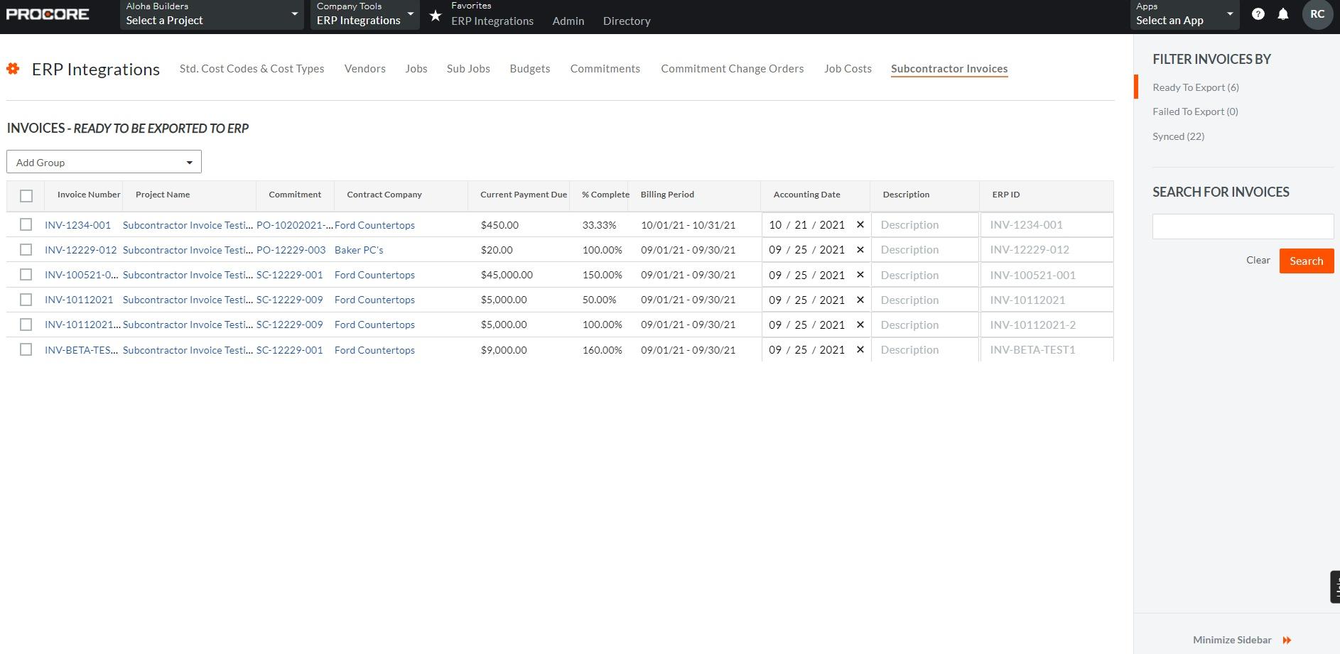 Procore + Sage 100 Contractor - Subcontractor Invoice Export