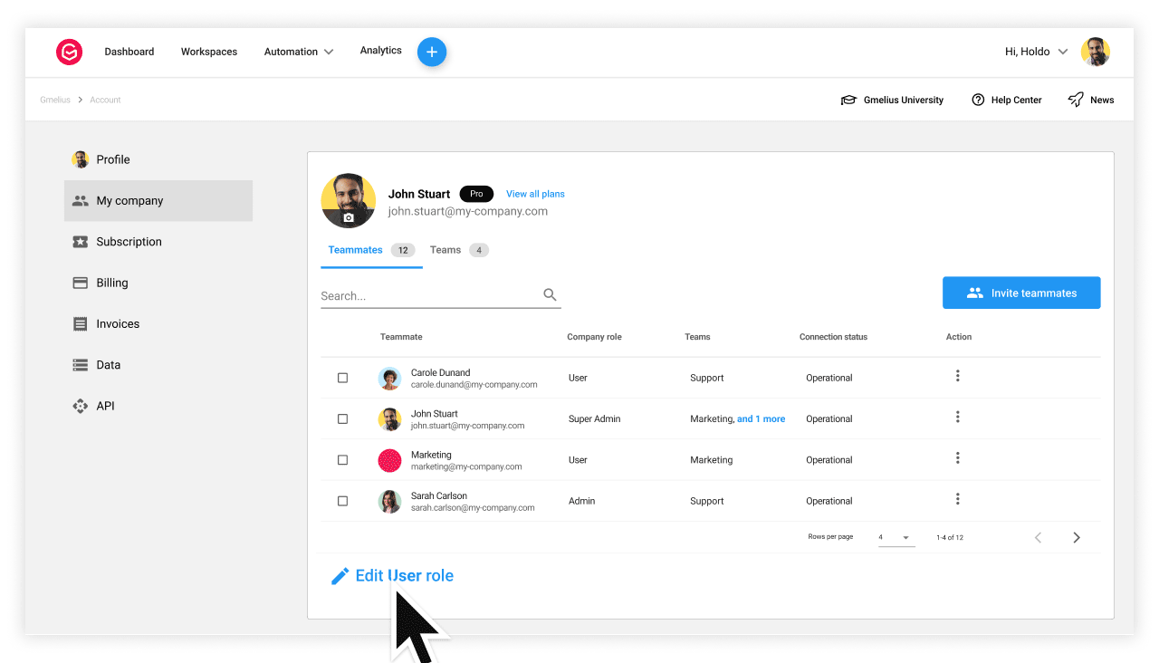 Edit User role's permissions - Gmelius