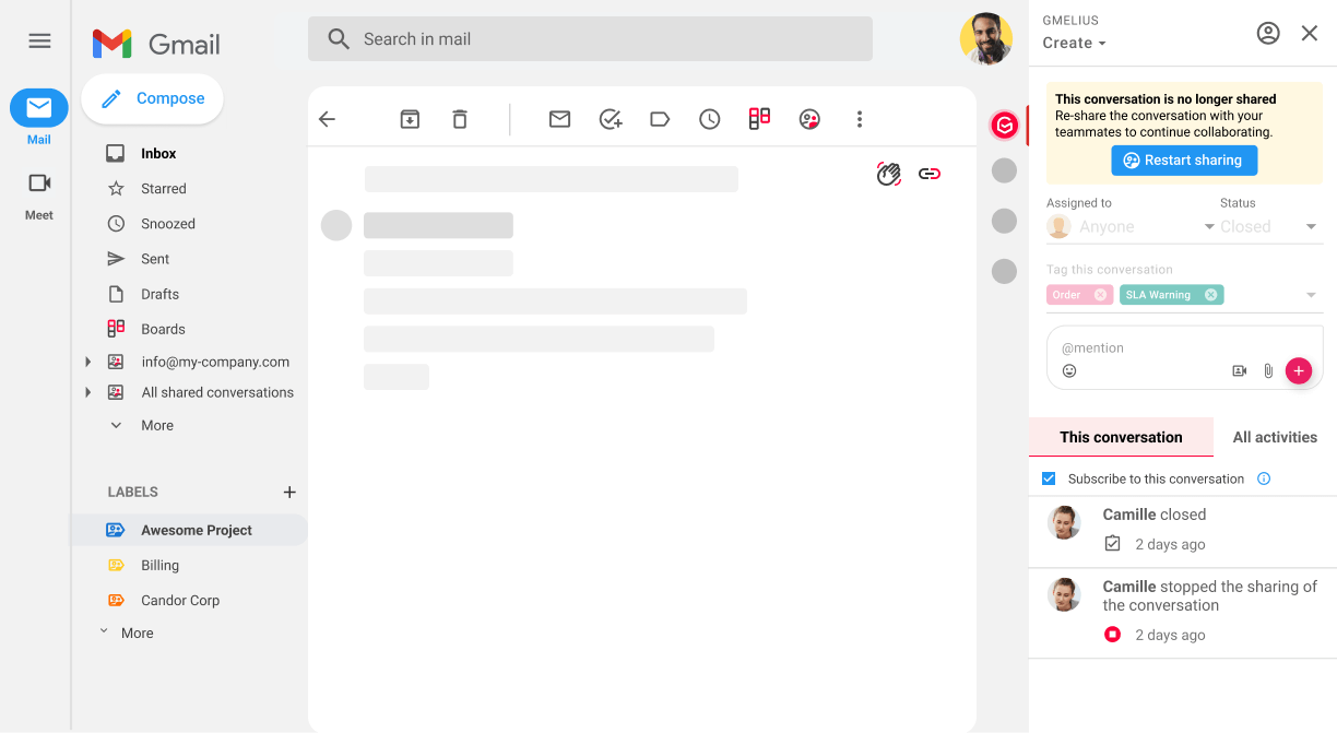 New notifications for unshared conversations - Gmelius