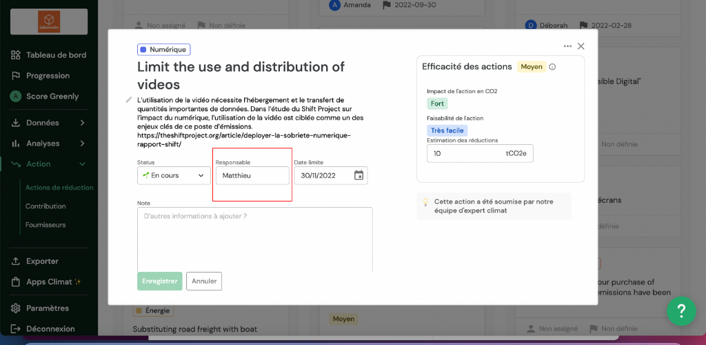 Assign owners to tasks and actions - Greenly