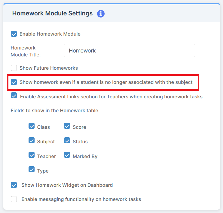 Student Portal - Homework - Option to show subjects a pupil has ...
