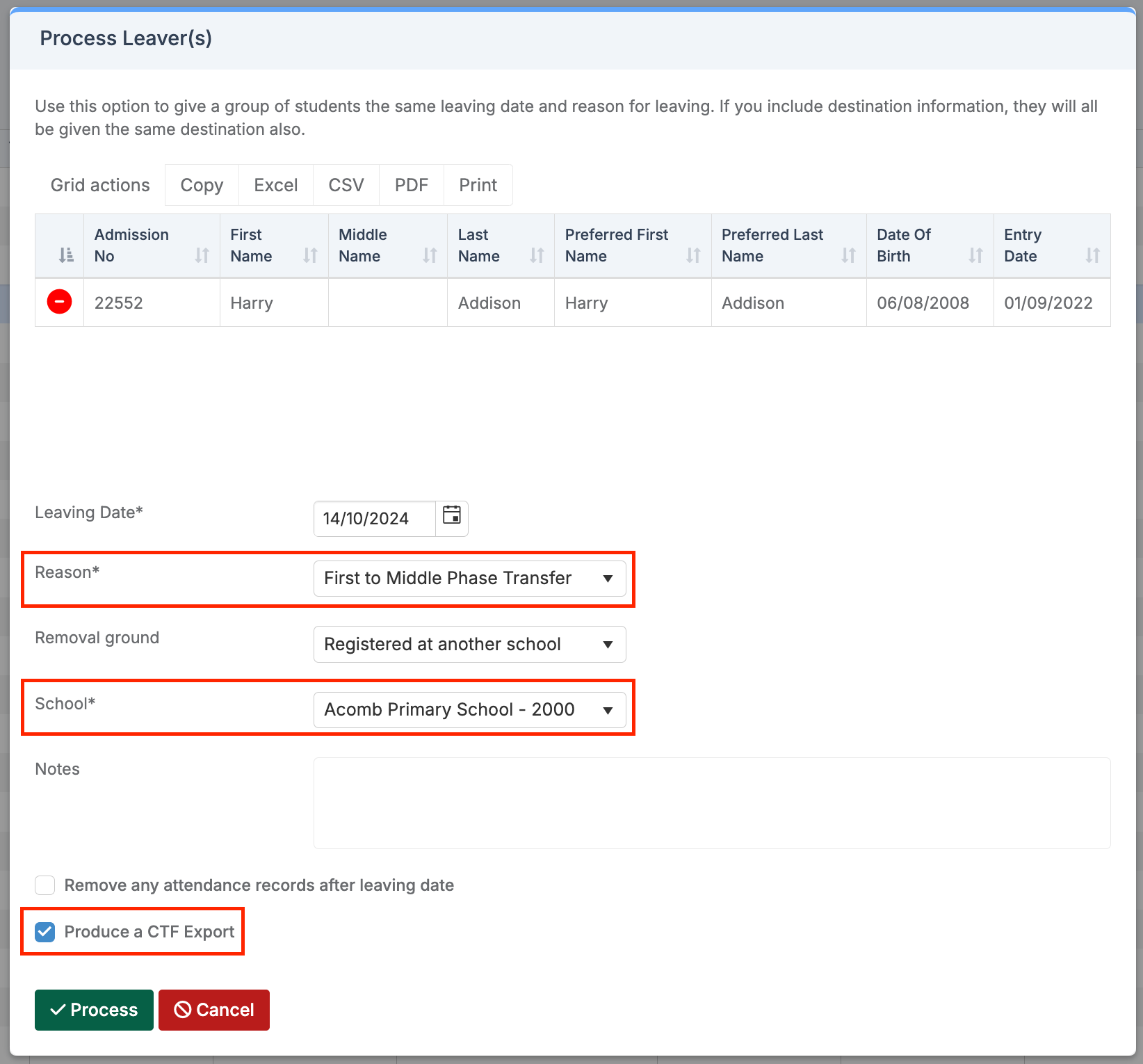 Administration - Students: Destination school added to Process Leaver ...