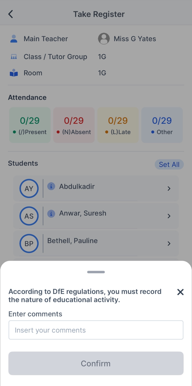 Teacher App - Take Register: Mandatory reason for 'Nature of Activity ...