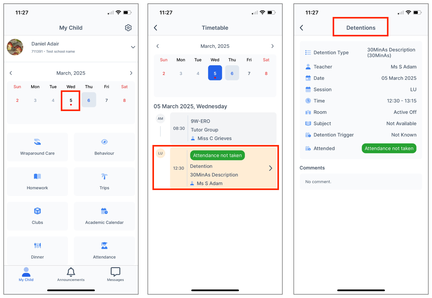 MCAS - Parent App: Drill down to Detention Details from My Child screen ...