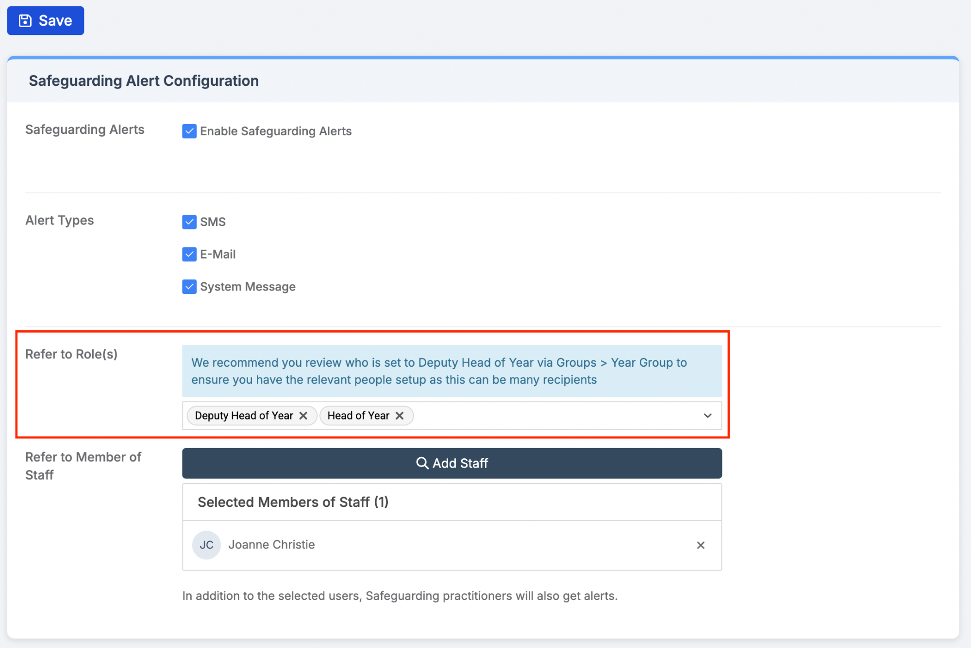 Administration - Config: Role-based Safeguarding Alerts - Bromcom