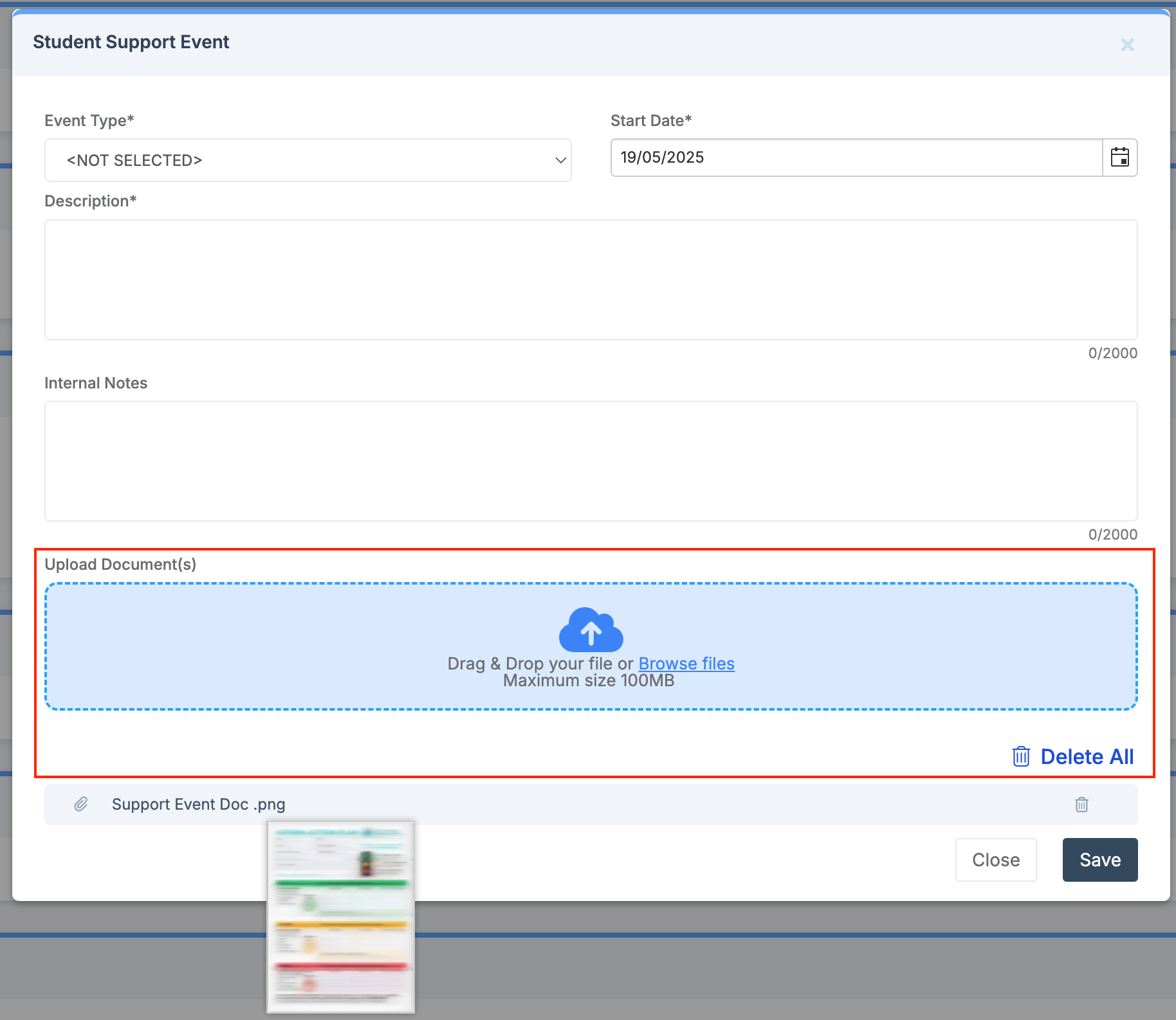 Administration - Students: Support Events File Uploads - Bromcom