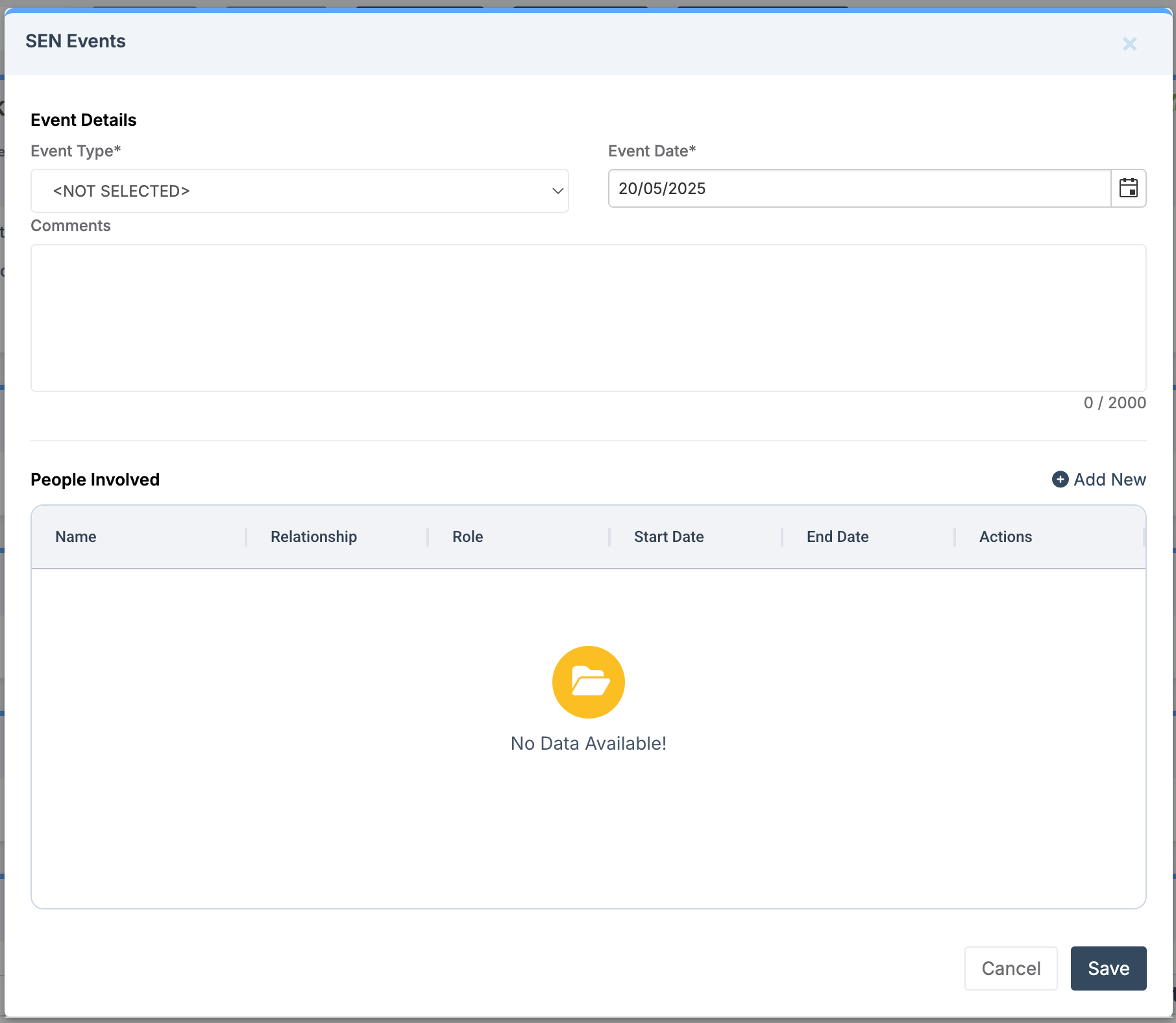 Administration - Students: New SEN Events panel - Bromcom