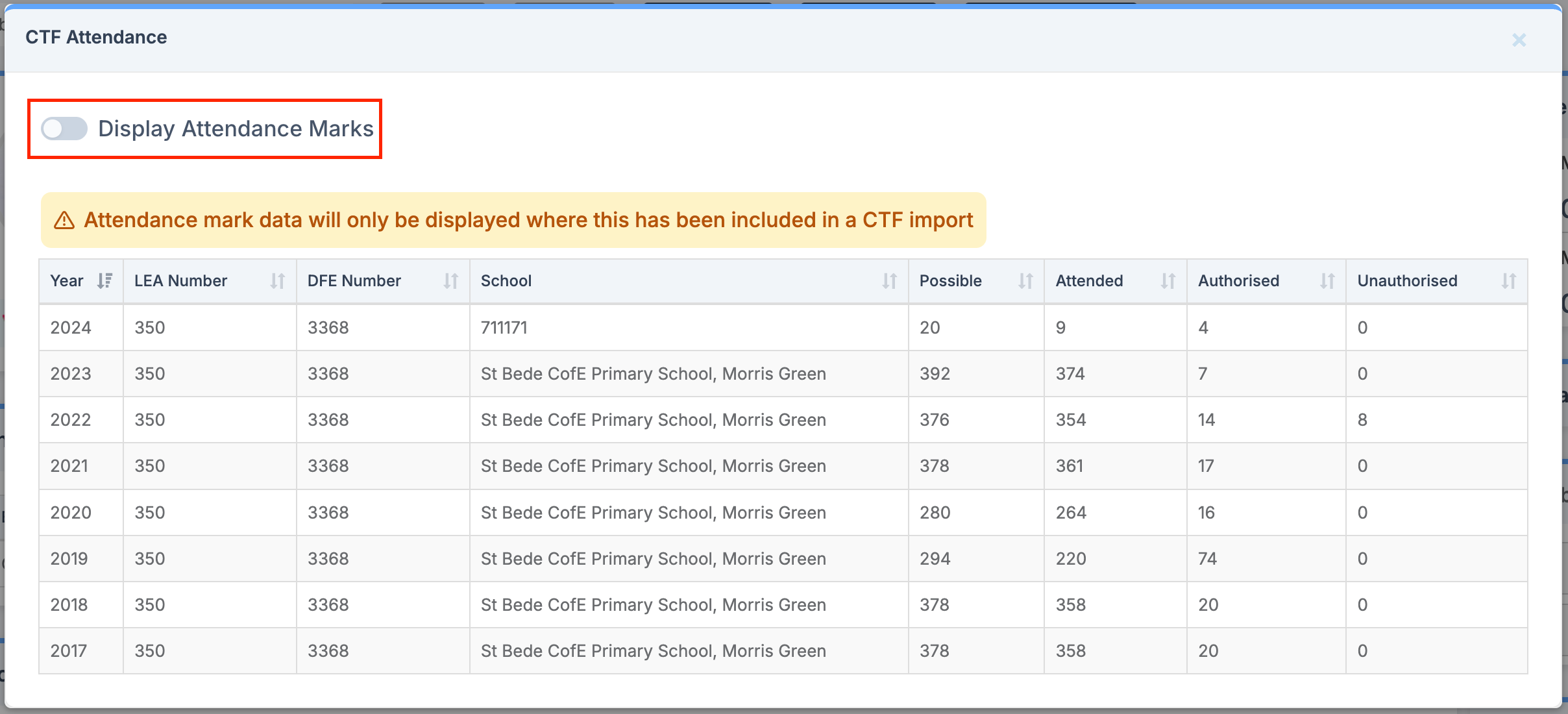 Administration - School History: Display Attendance Marks from CTF Imports - Bromcom