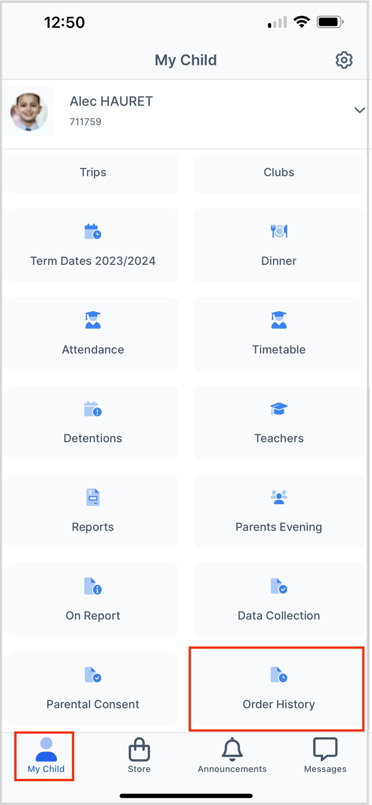 MCAS - Parent App: Order History in My Child Page - Bromcom