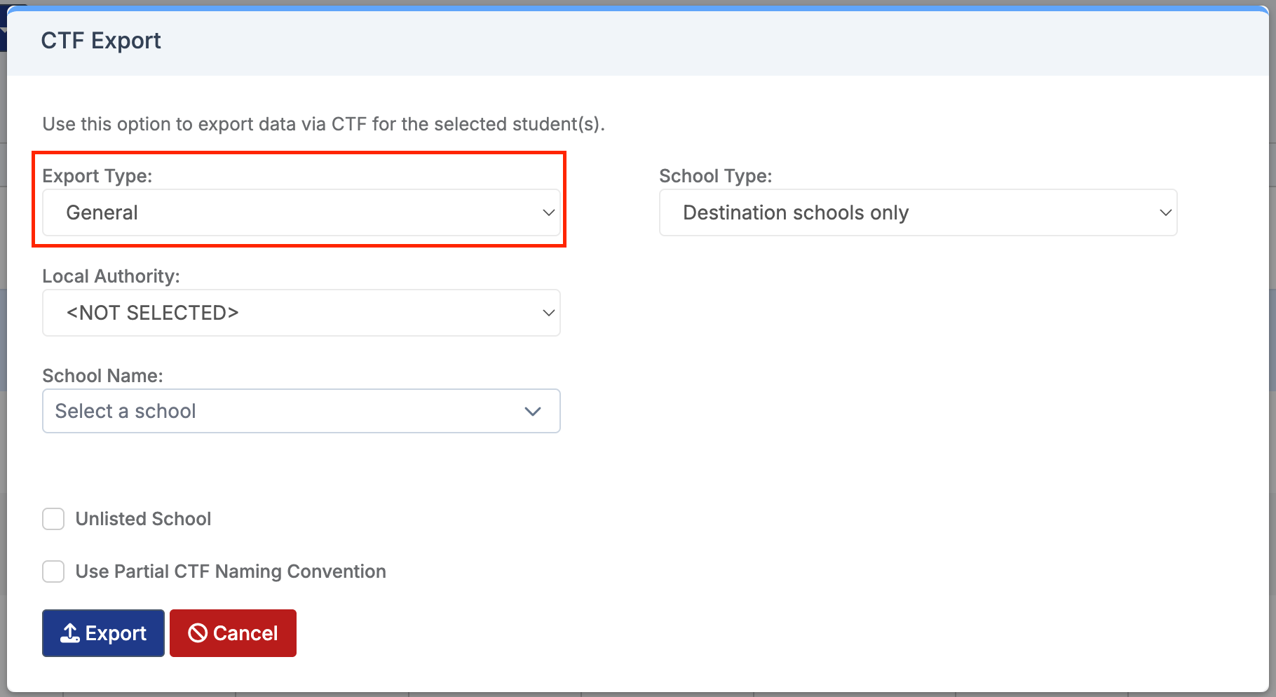Administration - CTF Export and Export Type values - Bromcom