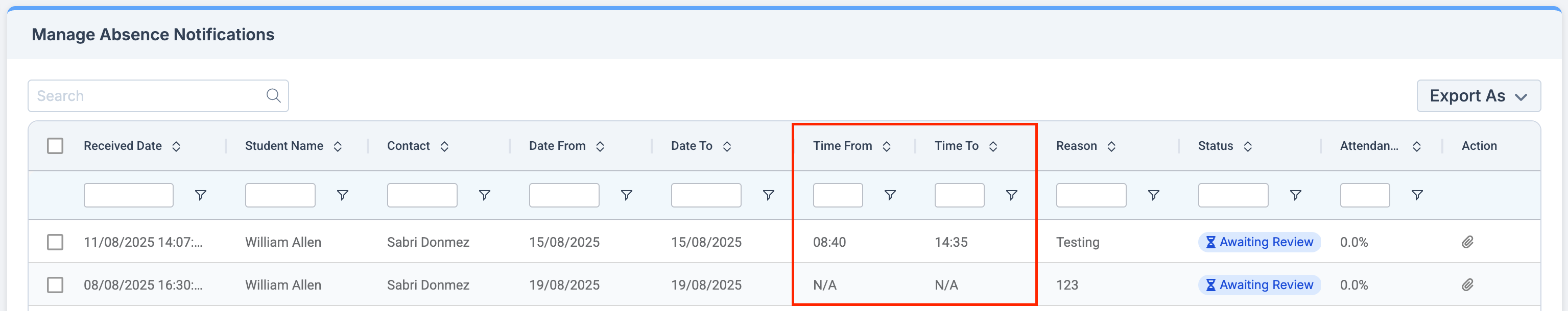 MCAS - Report absence now with time periods - Bromcom