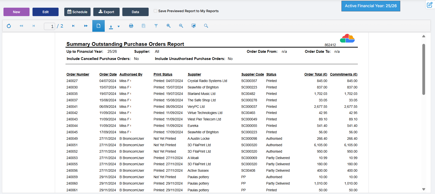 Finance - New Built in Report for Outstanding Purchase Orders - Bromcom