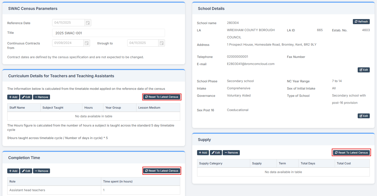 Census - SWAC: 'Reset to Latest Census' Button Added - Bromcom